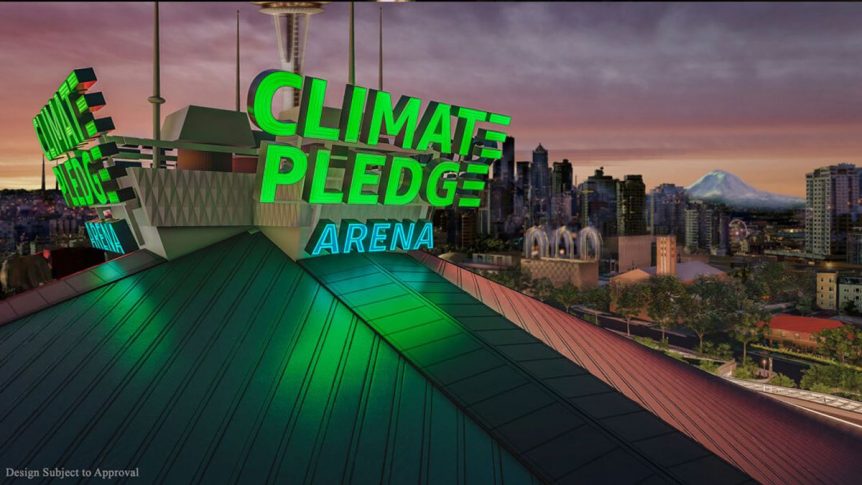 Climate Pledge Arena Gets New Signage : Fair Lifts Helicopter Services